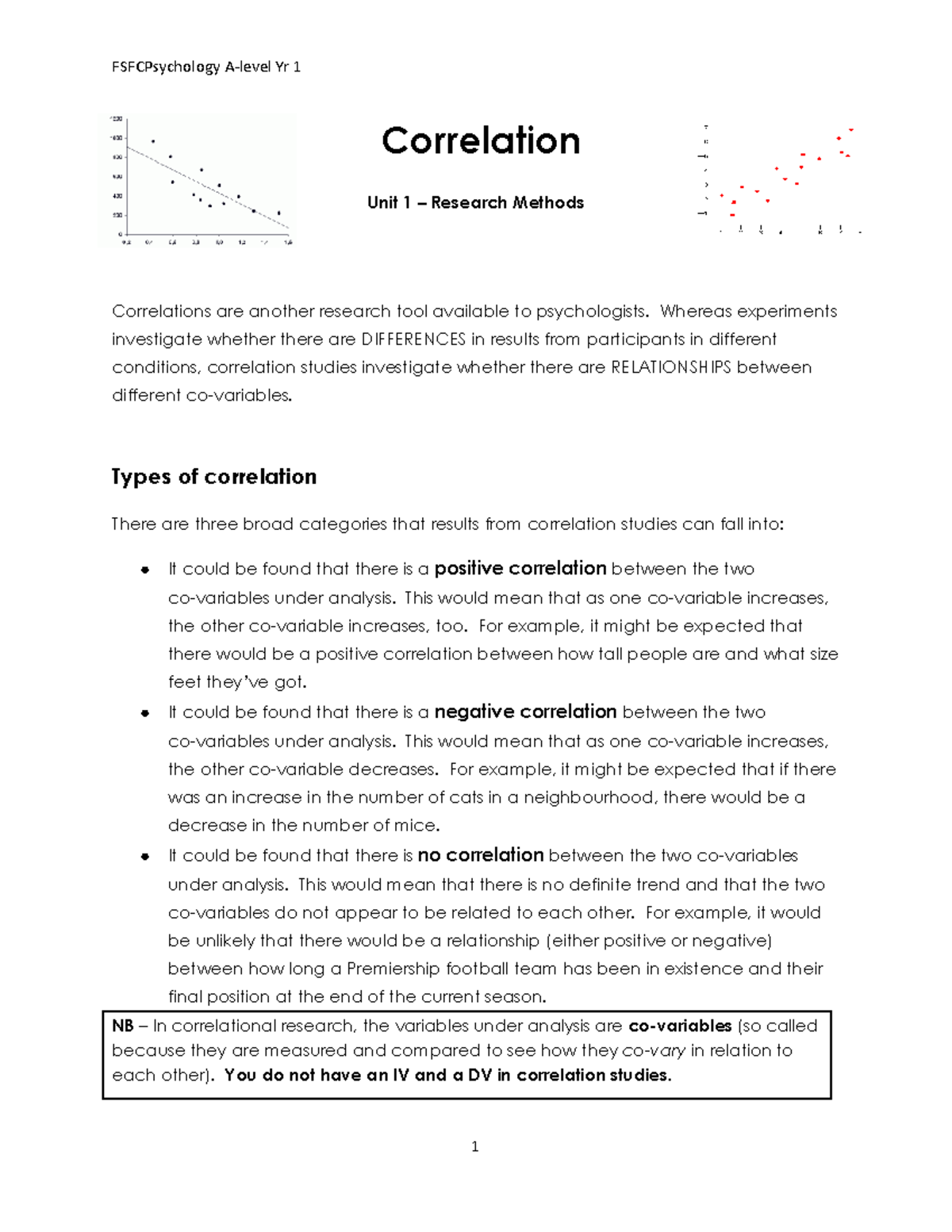 FSFCPsychology Yr 1 Correlation Unit 1: Research Methods Overview - Studocu