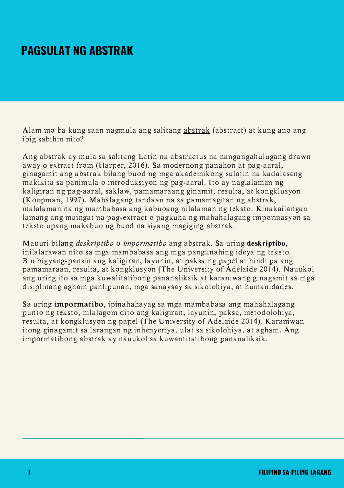Pagsulat ng Abstrak: Hakbang sa Filipino sa Piling Larang - Studocu