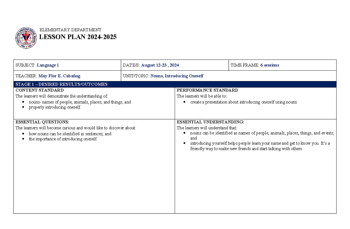 Language 1 1st Quarter Lesson Plan 1.1 SY 2024-2025 - `` ELEMENTARY ...