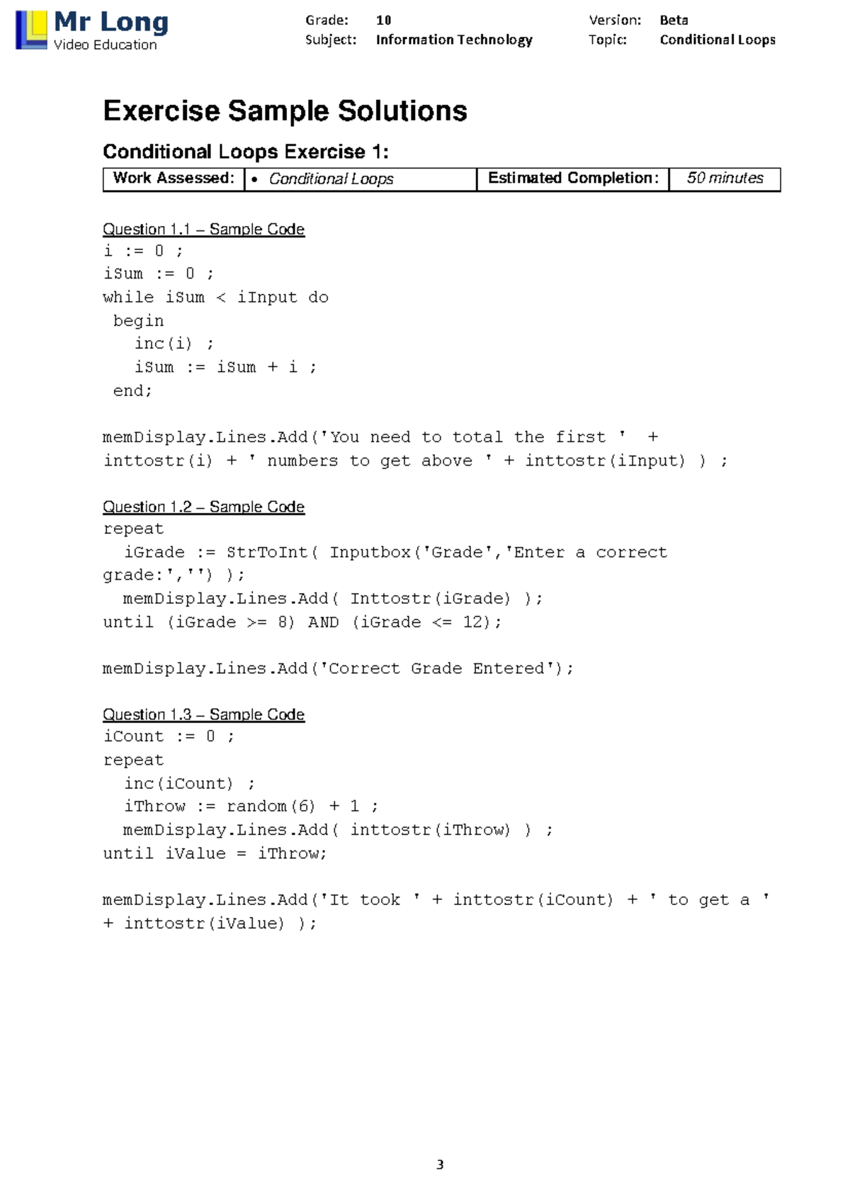 Conditional Loops Exercises & Solutions - IT MEMO - Mr Long - Studocu