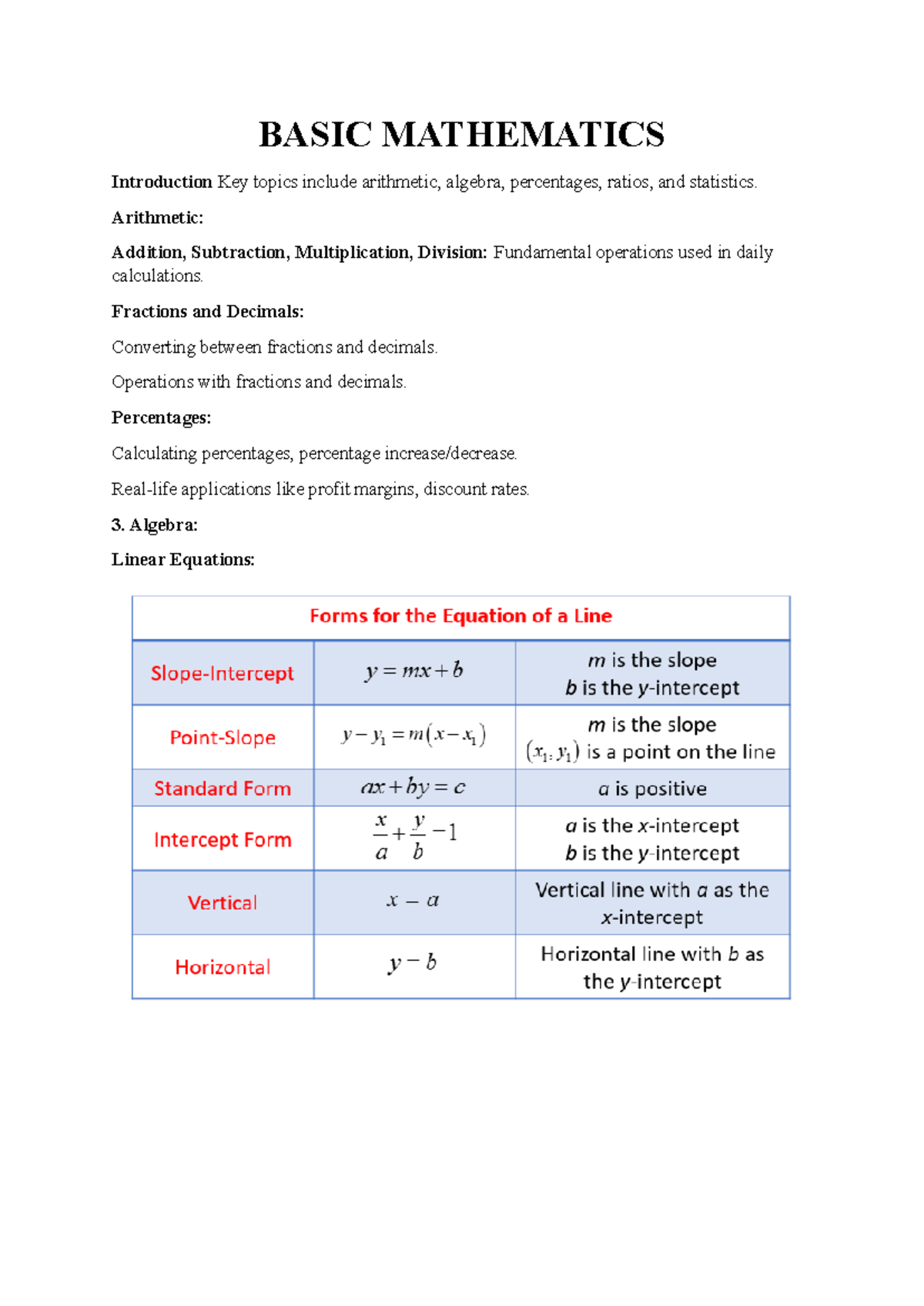 BASIC MATHEMATICS: Key Topics & Intermediate Exercises - Studocu