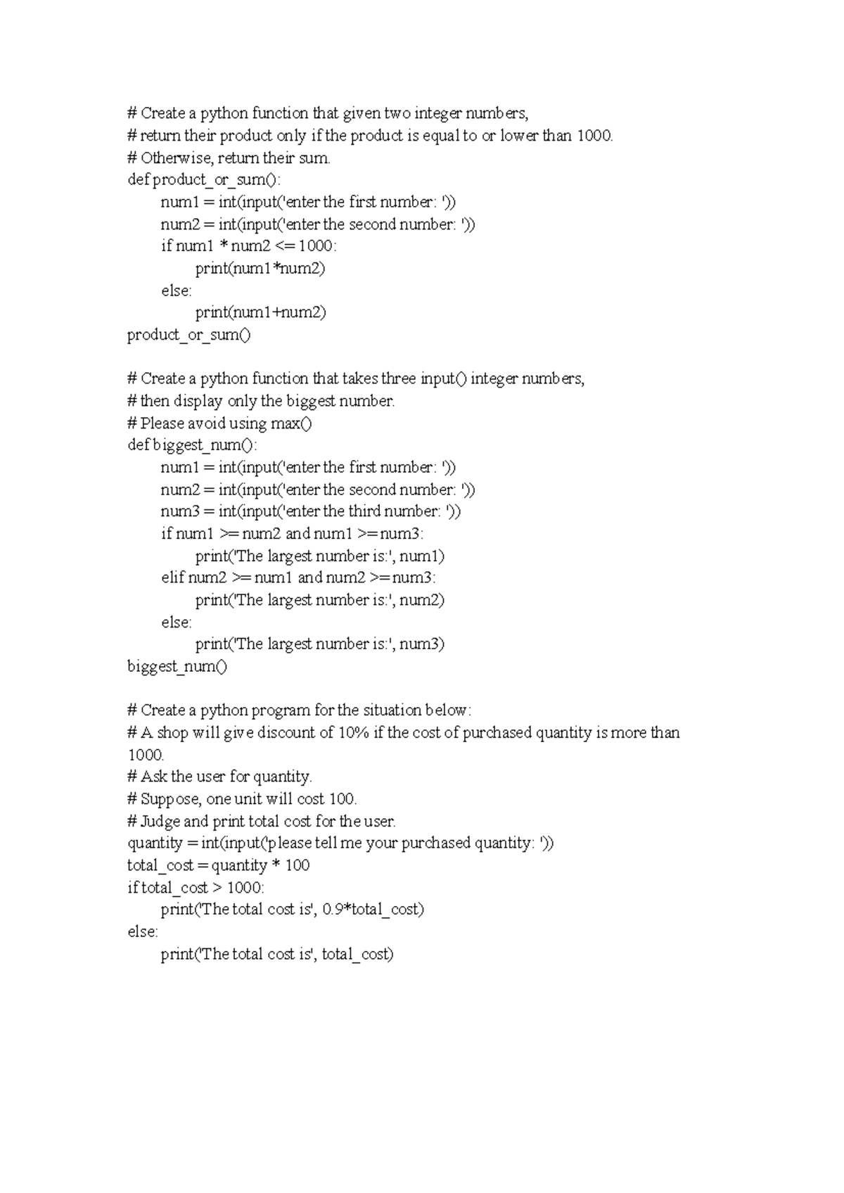 Python Functions: Product or Sum & Biggest Number Logic - Studocu