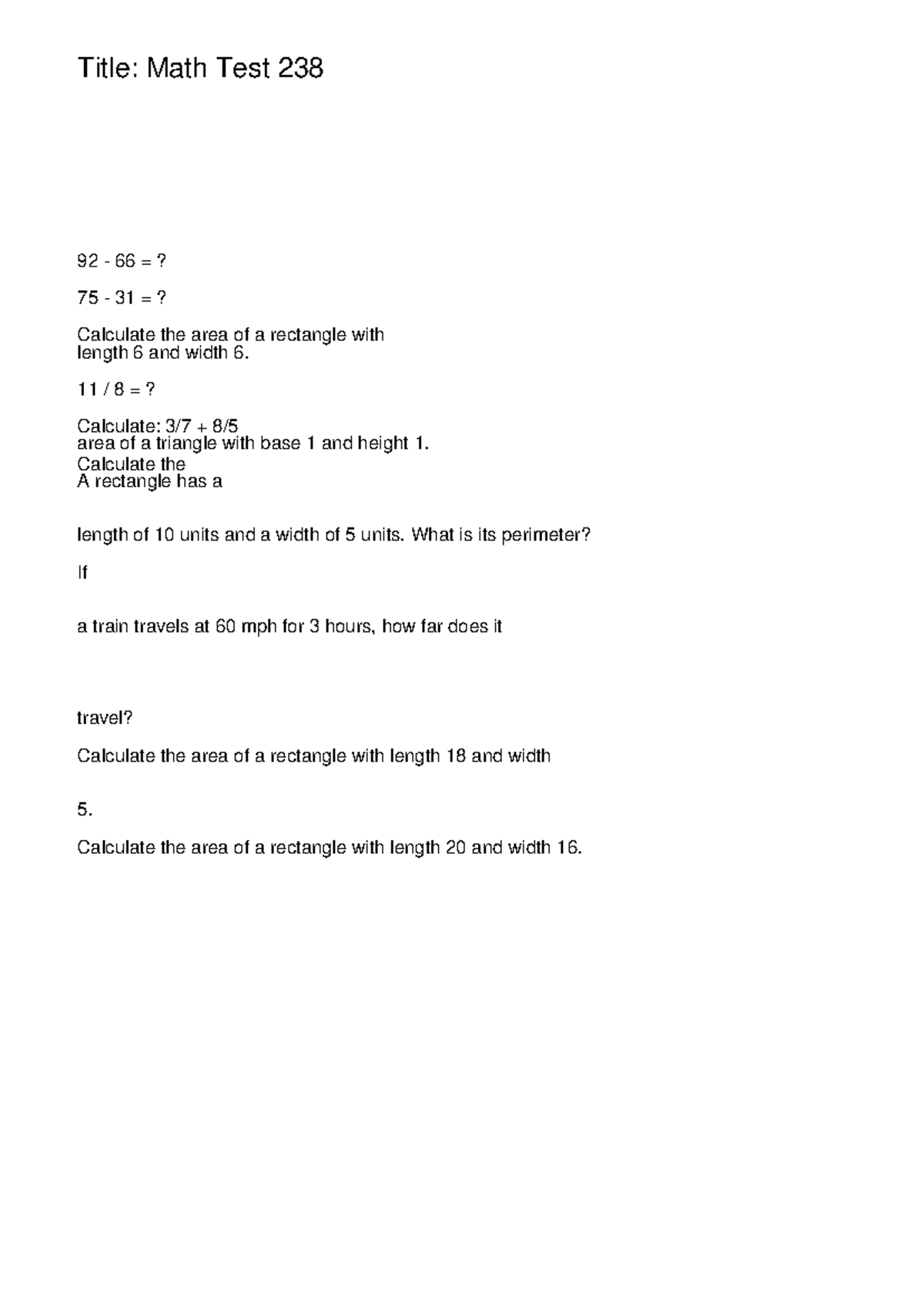 Math Test 238 - Test - mathematics - Title: Math Test 238 92 - 66 =? 75 ...