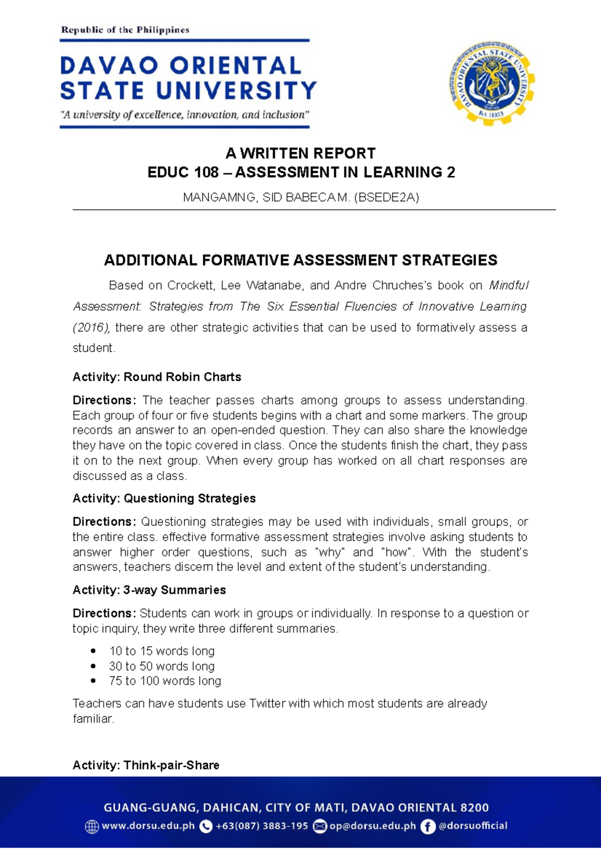 Chapter 9 EDU108 Formative Assessment Strategies Report - Studocu