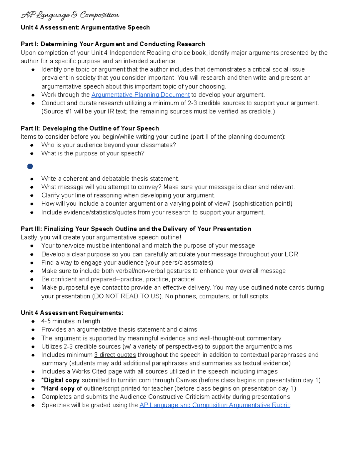 Copy of Copy of Unit 4 Assessment Argumentative Speech - AP Language ...