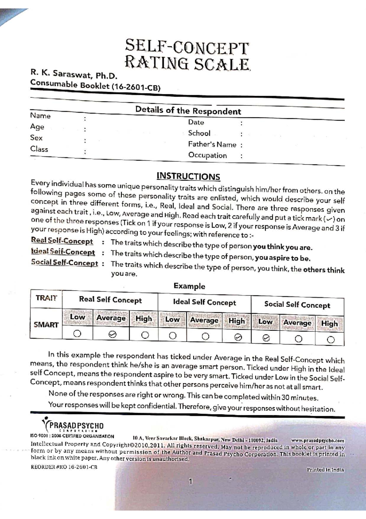 Self Concept Rating Scale: Insights by R.K. Saraswat, Ph.D. - Studocu