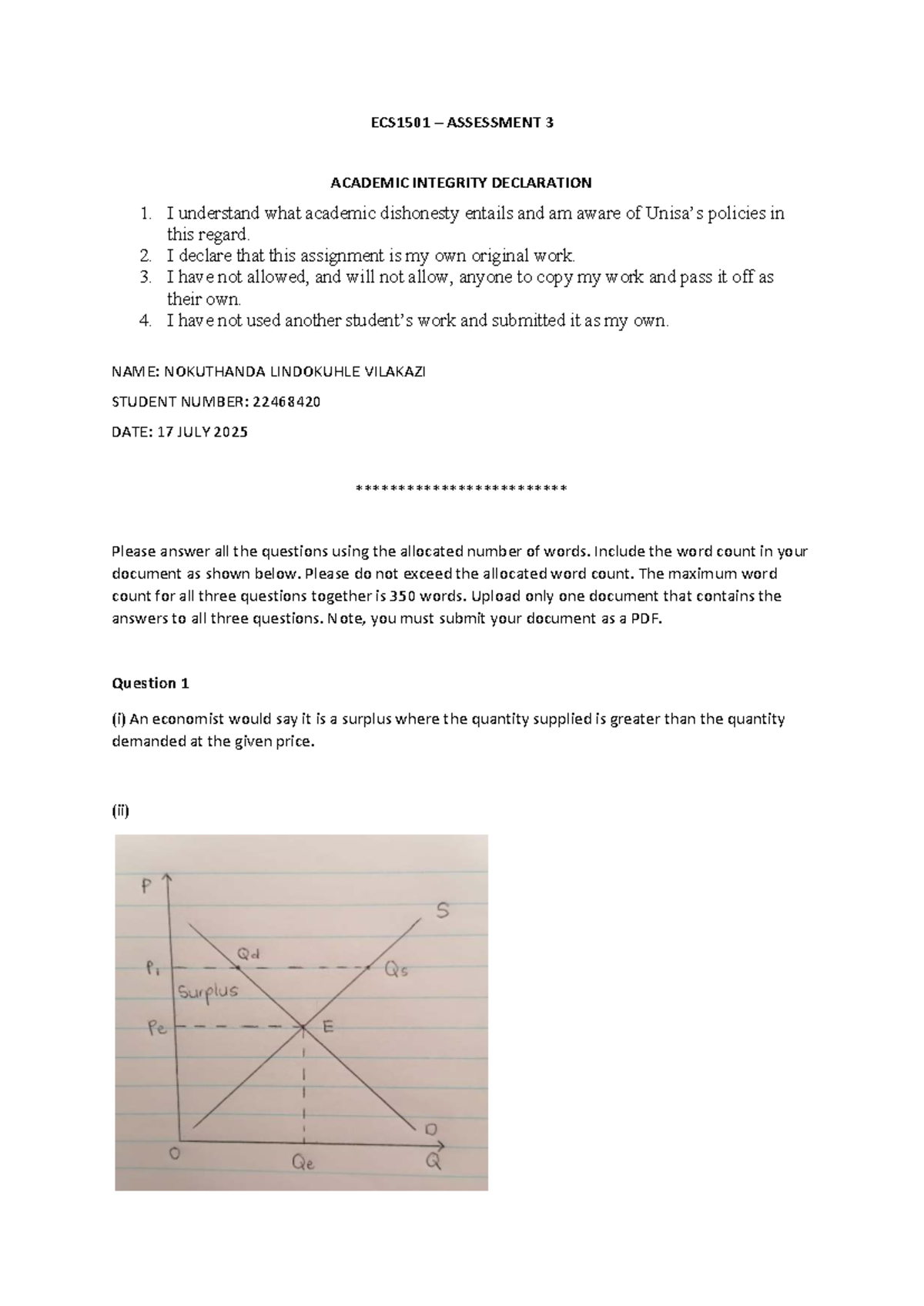 ECS1501 Assessment 3: Academic Integrity Declaration & Responses - Studocu