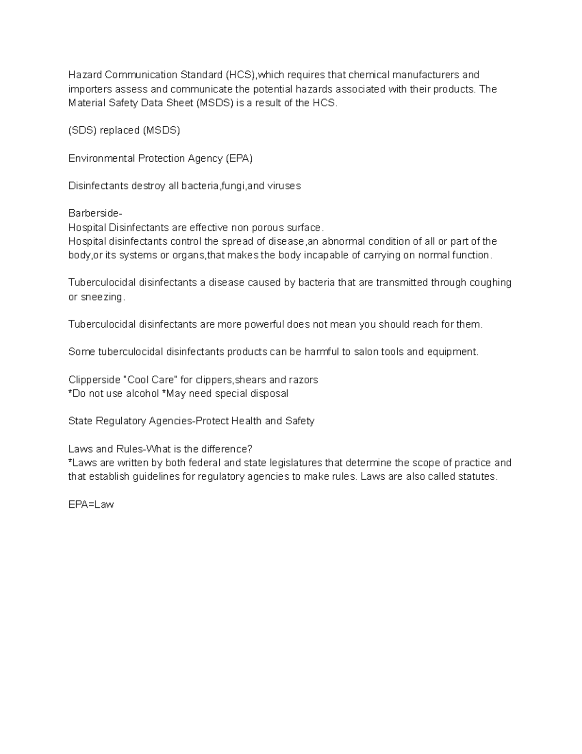 Cosmetology Safety Notes: Understanding HCS and Disinfectants - Studocu