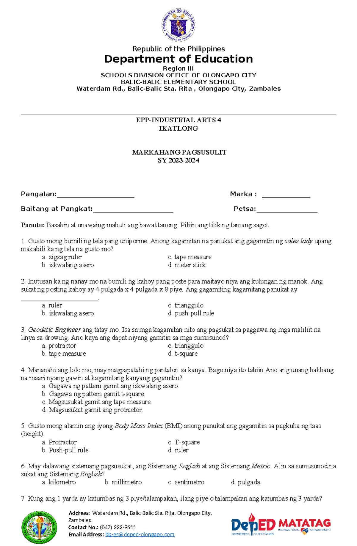 4th Periodical Test in EPP-Industrial Arts IV (SY 2023) - Studocu