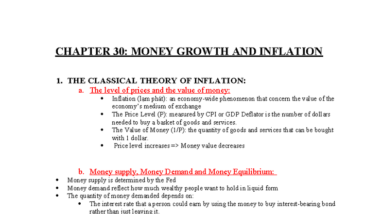 CHAPTER 30: MONEY GROWTH & INFLATION - CLASSICAL THEORY - Studocu
