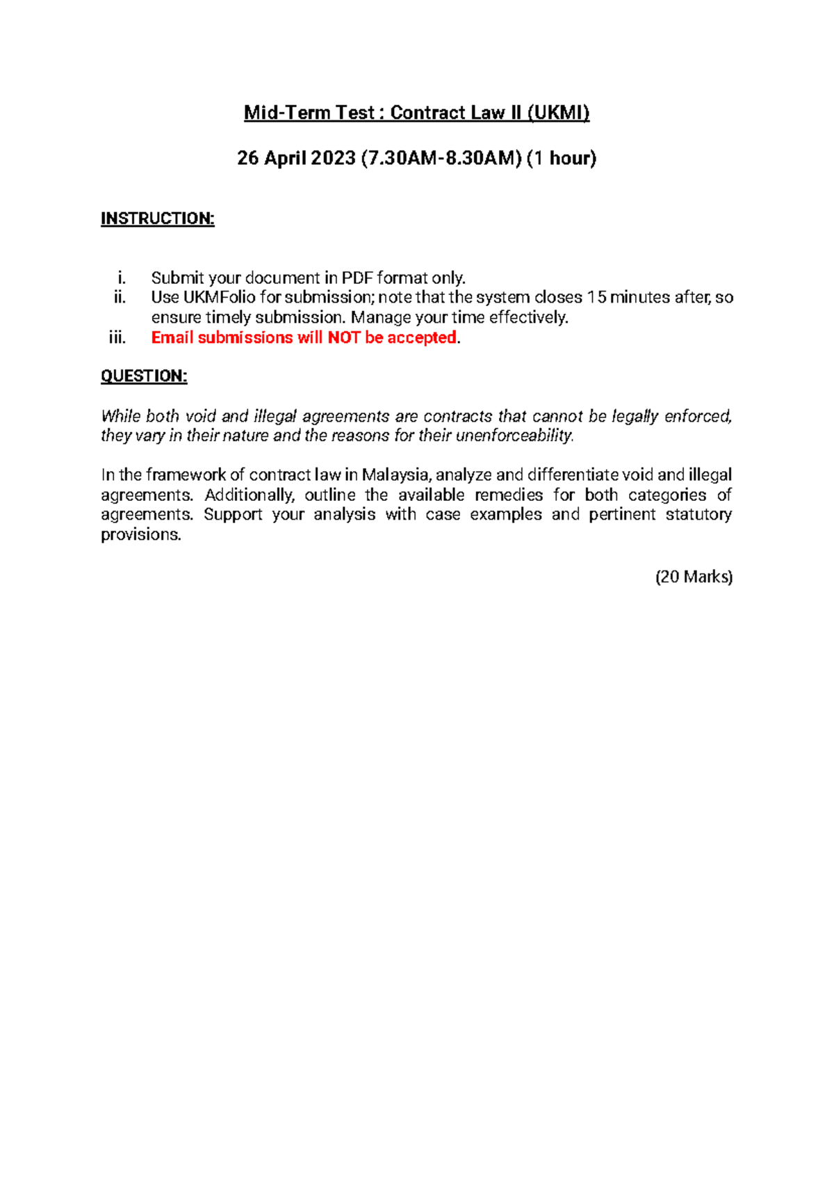 Mid-Term Test Questions: Contract Law II (UKMI) Analysis & Remedies ...