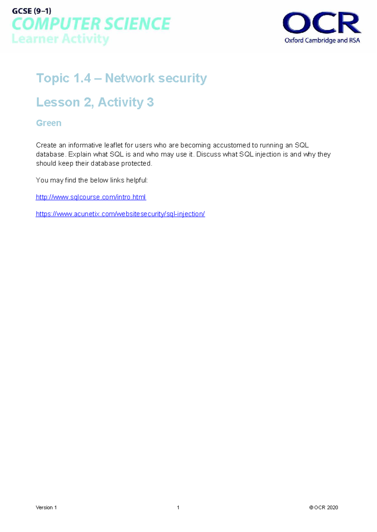 Network security L2 Activity 3 green - Topic 1 – Network security Lesson 2, Activity 3 Green ...