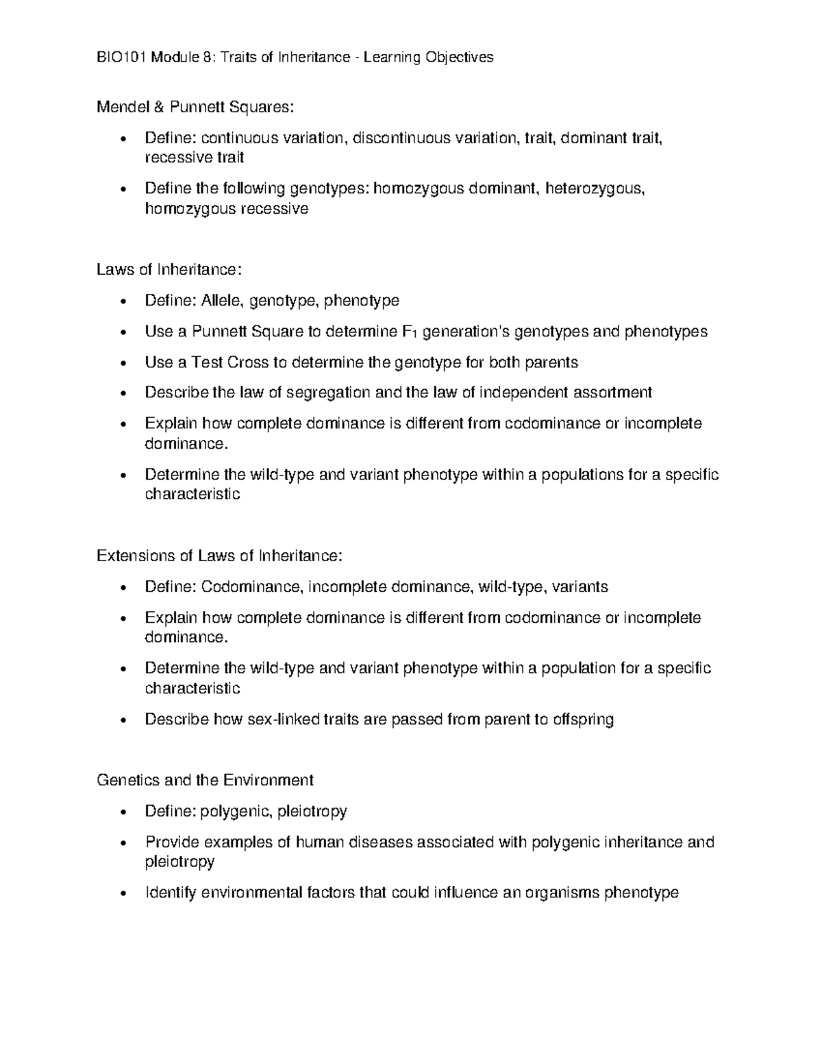 BIO101 Module 8: Learning Objectives on Inheritance Traits and Genetics ...