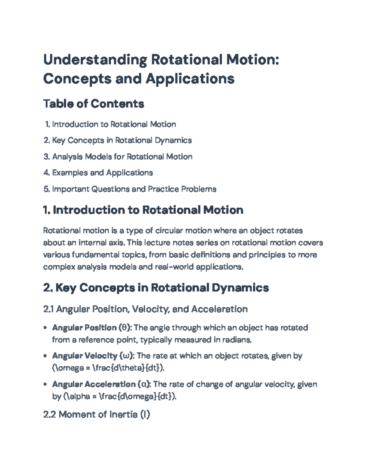 Rotational Motion Concepts and Applications: Lecture Notes (Physics 101 ...
