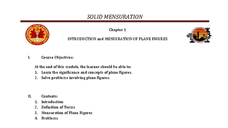 SOLID MENSURATION (MATH 101) Chapter 1: Introduction to Plane Figures ...