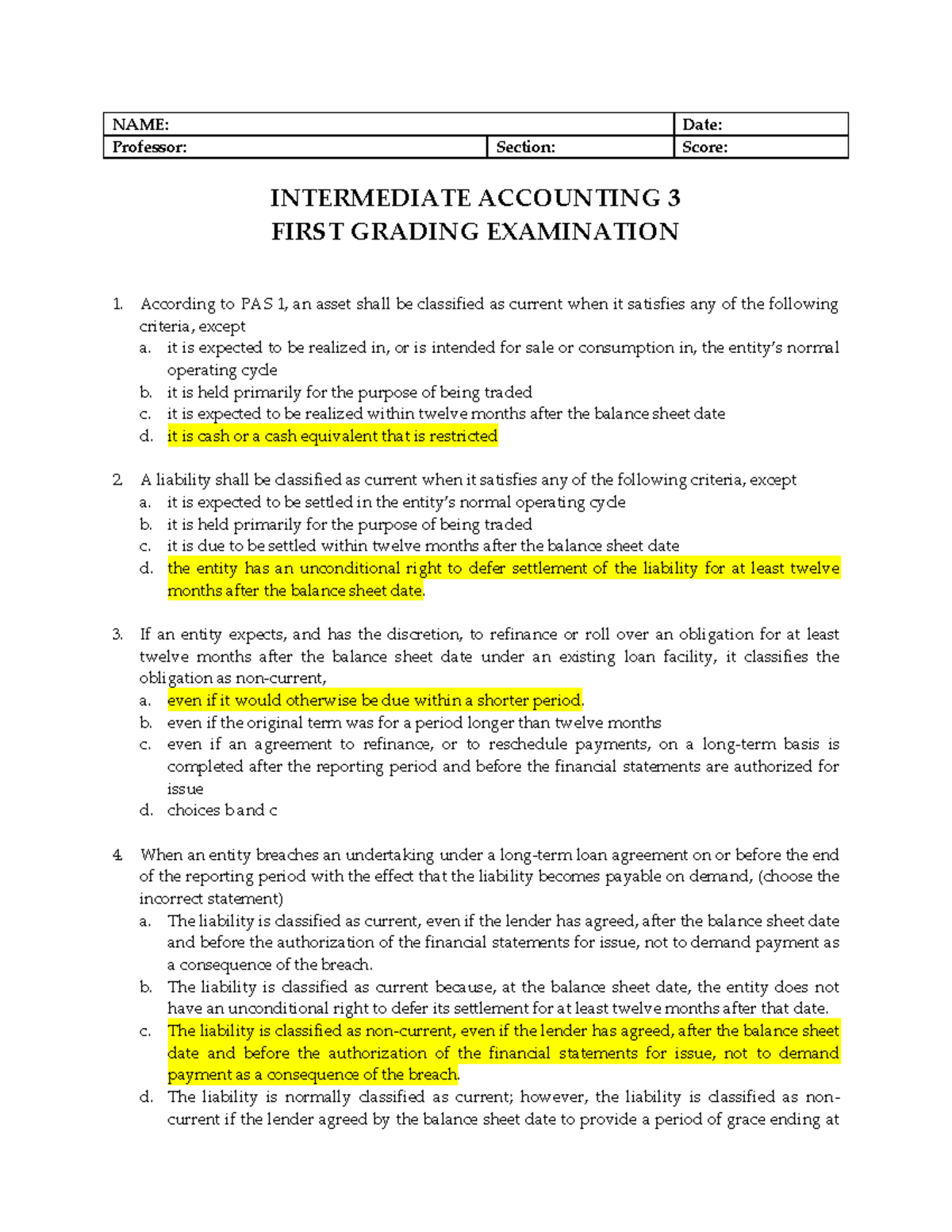 Practice Test: INT ACC 3 - First Grading Examination Review - Studocu