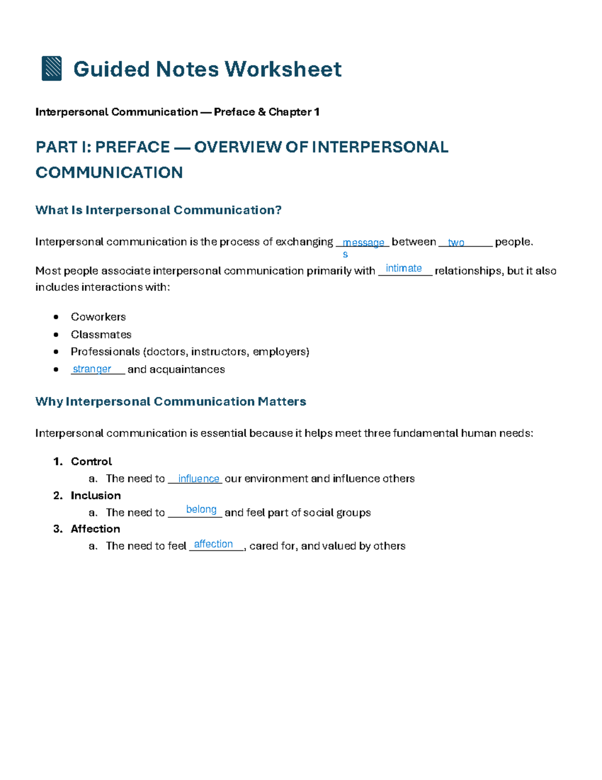 CMM 111 Chapter 1 Guided Notes on Interpersonal Communication - Studocu