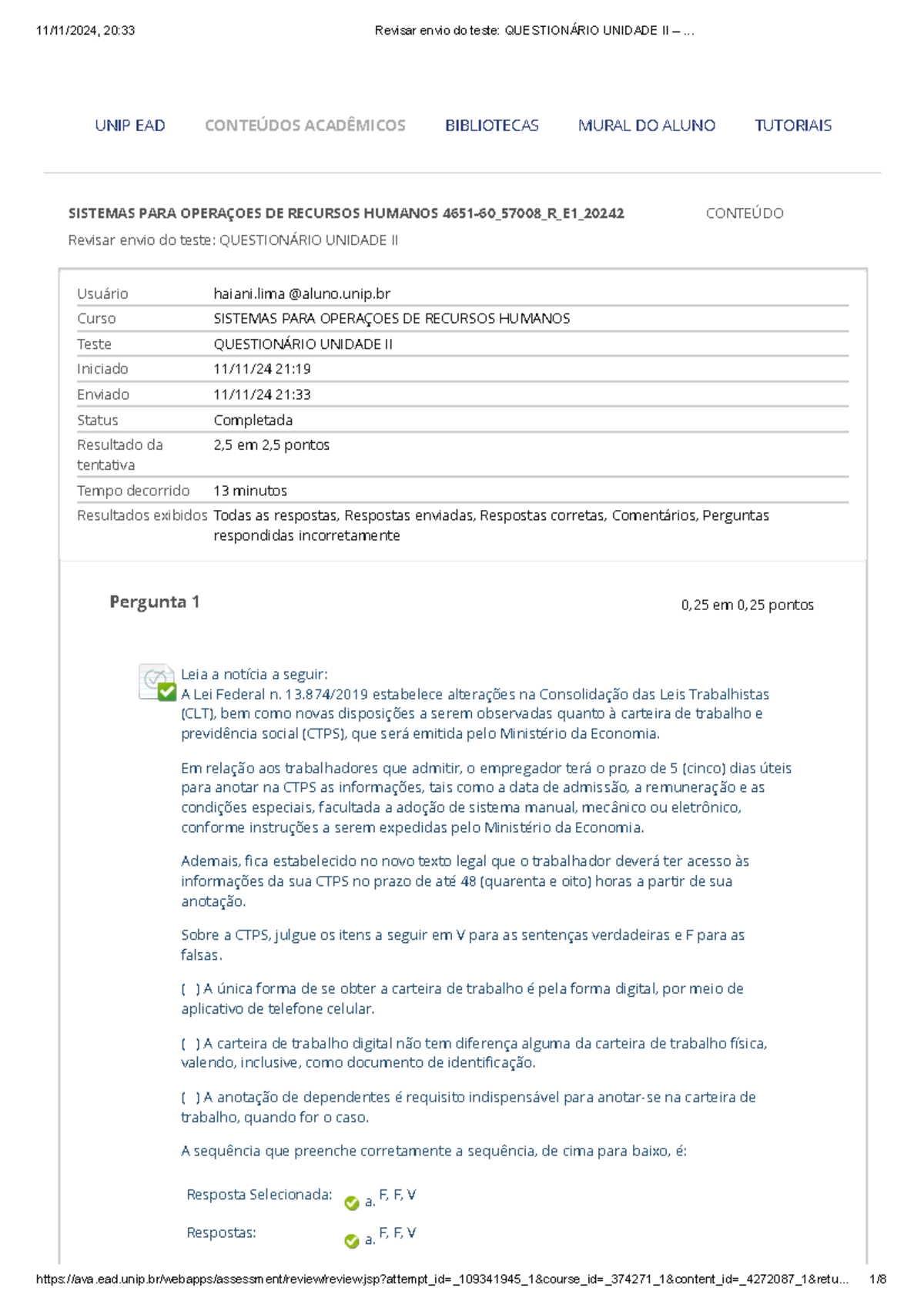 Revisão do Envio do Teste: Questionário Unidade II - Sistemas de ...