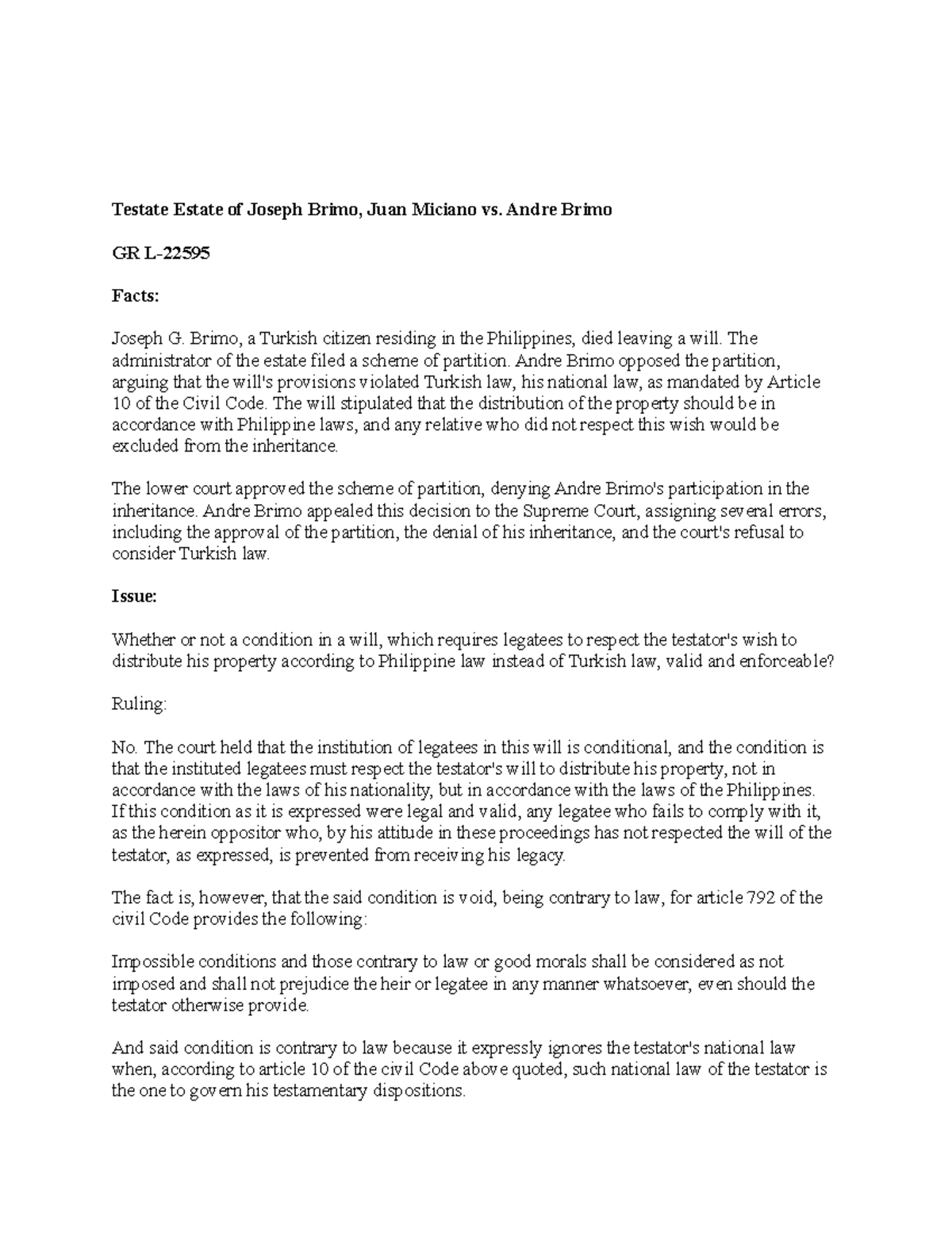 Case Study: Juan Miciano vs. Andre Brimo on Estate Partition - Studocu