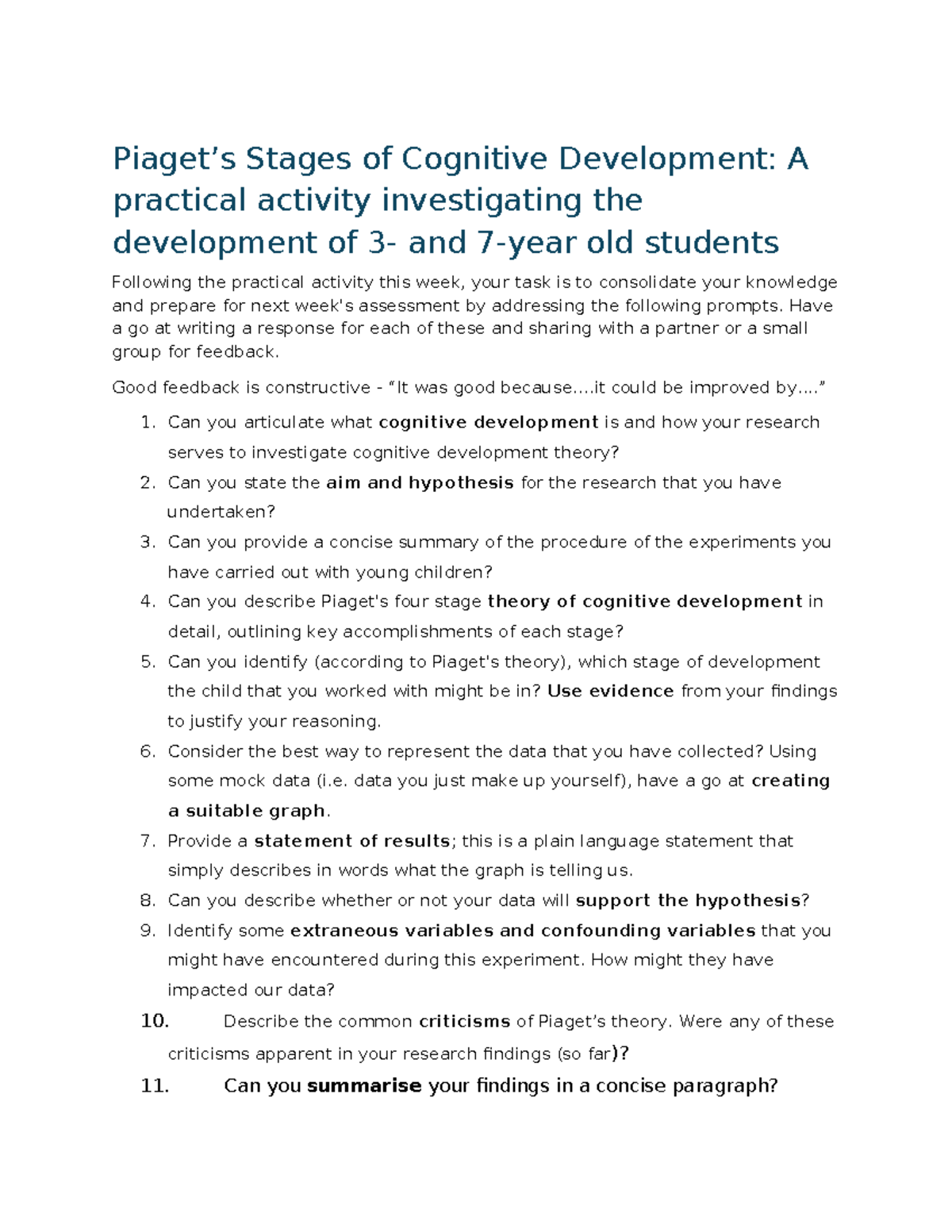 Piaget Stages of Development A Practical Activity Summary - Piaget’s ...