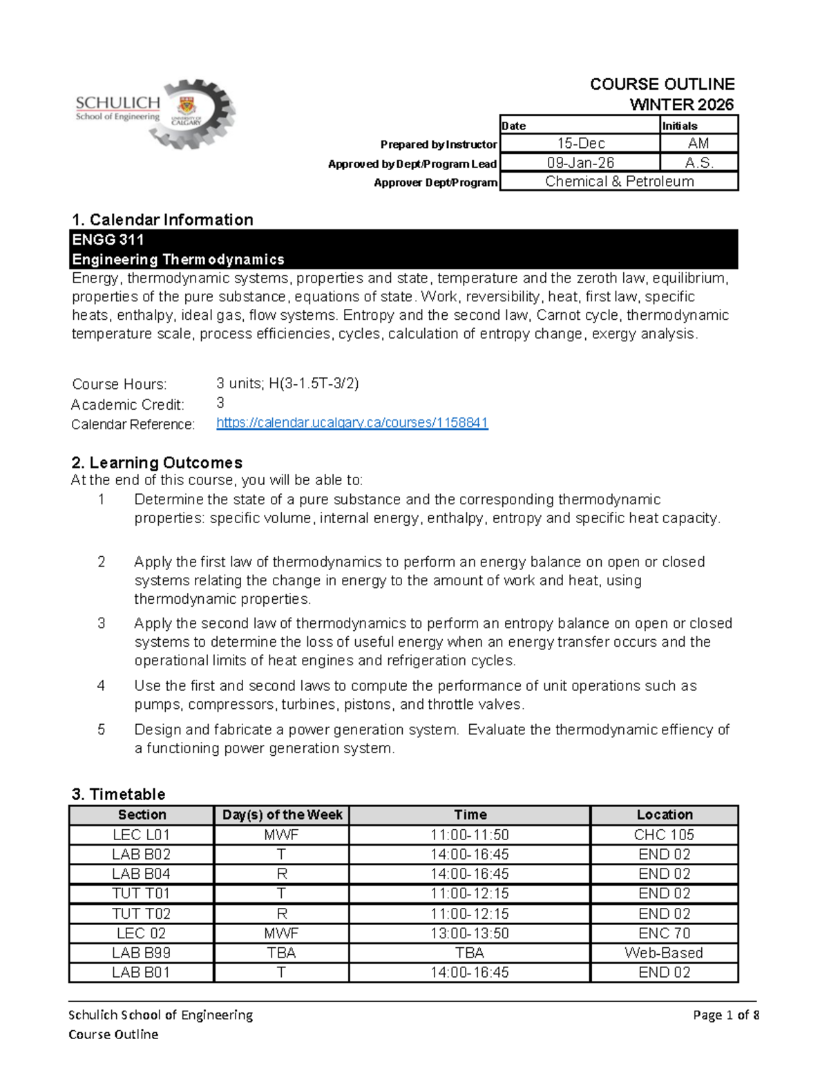 ENGG 311 Winter 2026 - Engineering Thermodynamics Course Outline - Studocu