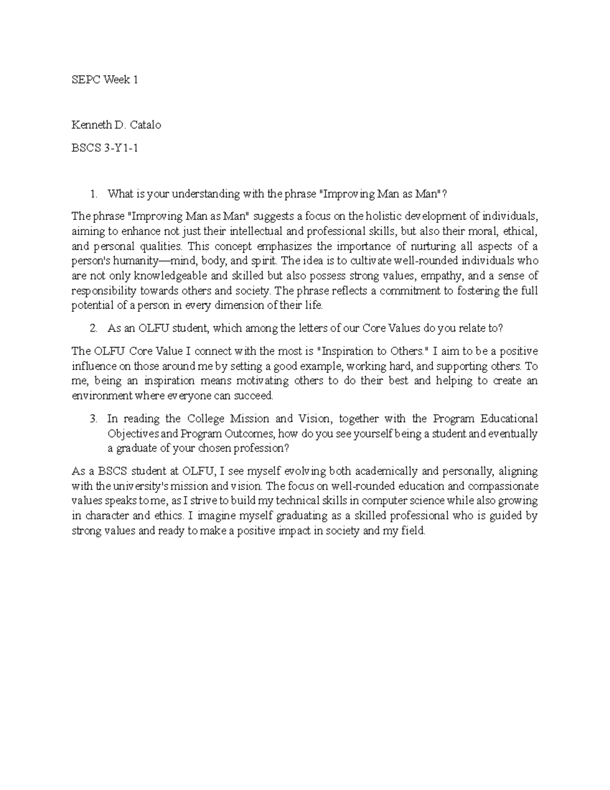 SEPC Week 1 - Task Reflection on Holistic Development in BSCS 1 - Studocu