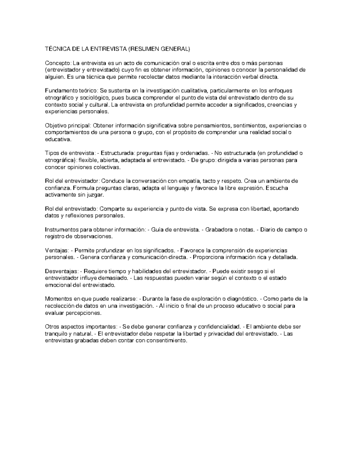 Técnica de la Entrevista: Resumen General y Tipos de Entrevista - Studocu
