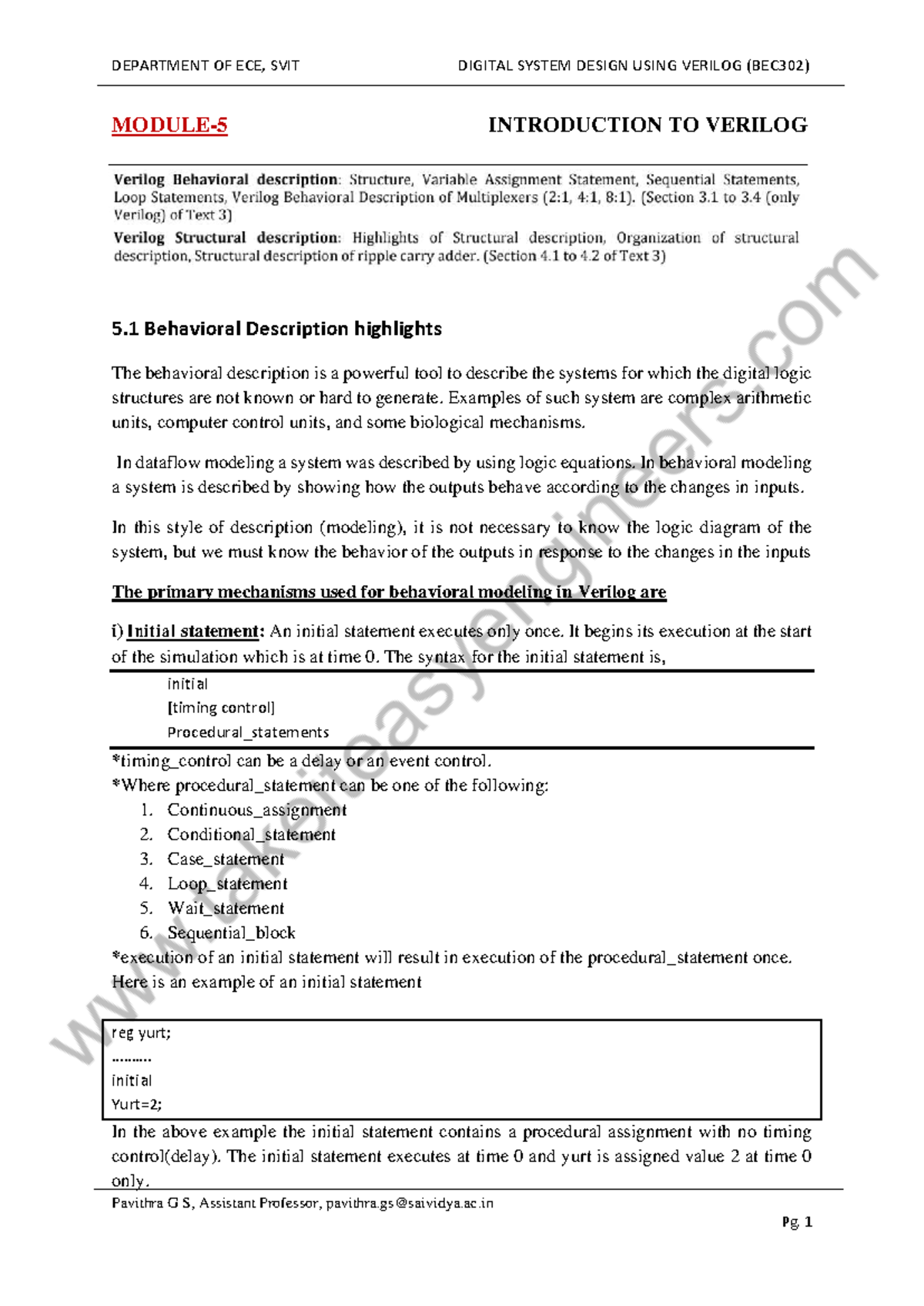 Digital System Design Using Verilog (BEC302) - Behavioral Modeling ...