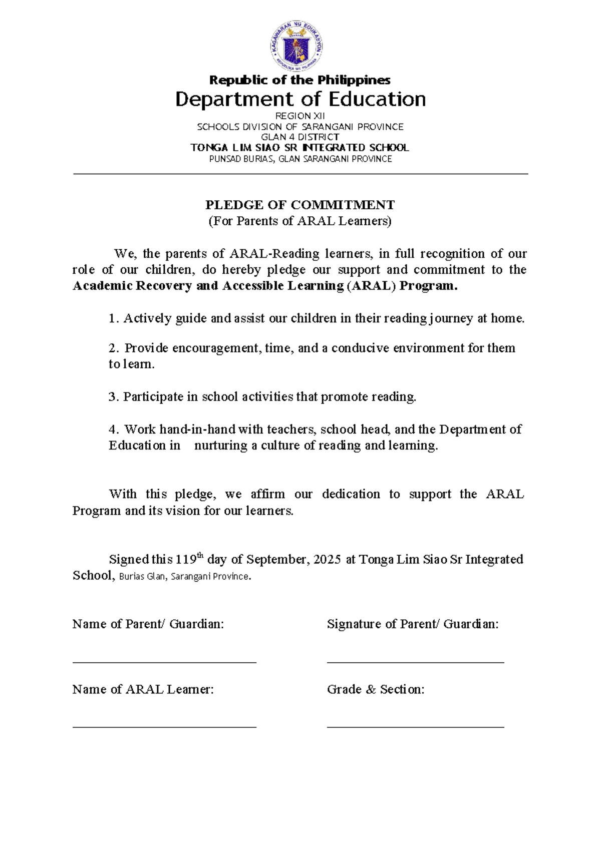 ARAL Program Parent Commitment Pledge - Tonga Lim Siao Sr. School - Studocu