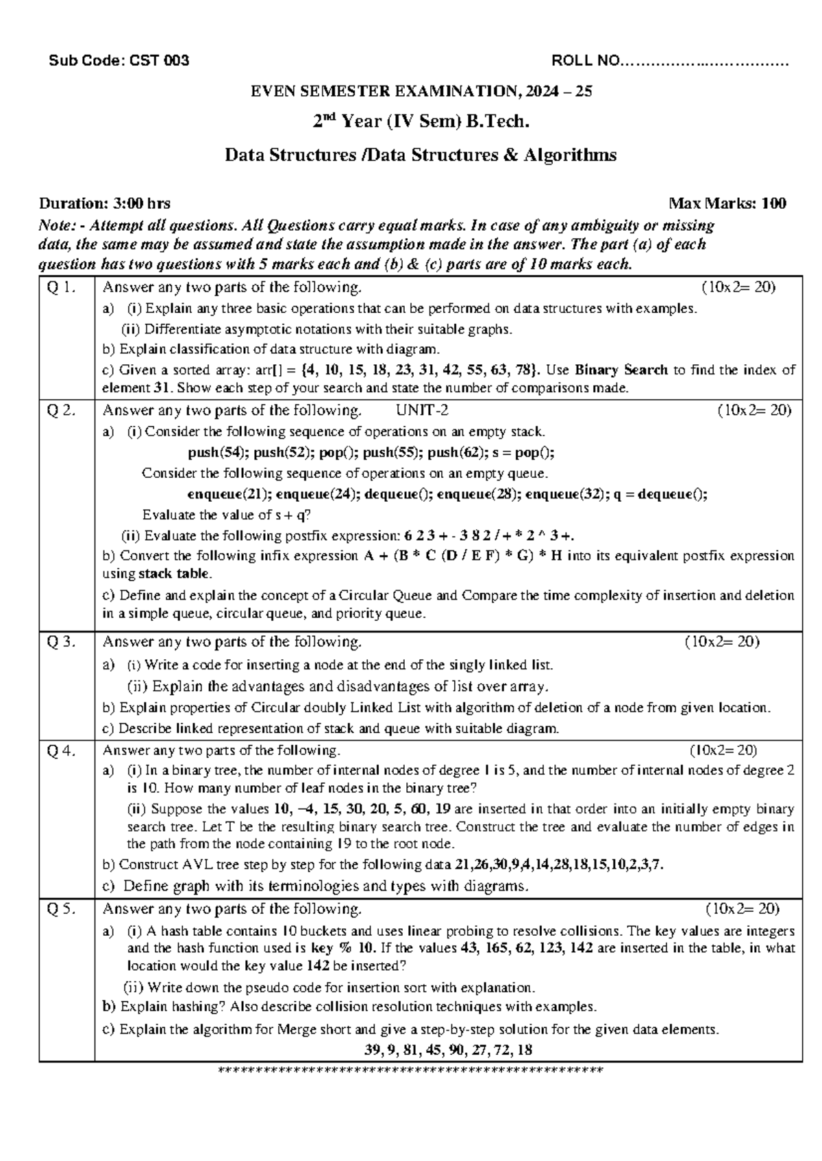 CST 003 Final Exam: Data Structures & Algorithms Overview 2024 - Studocu