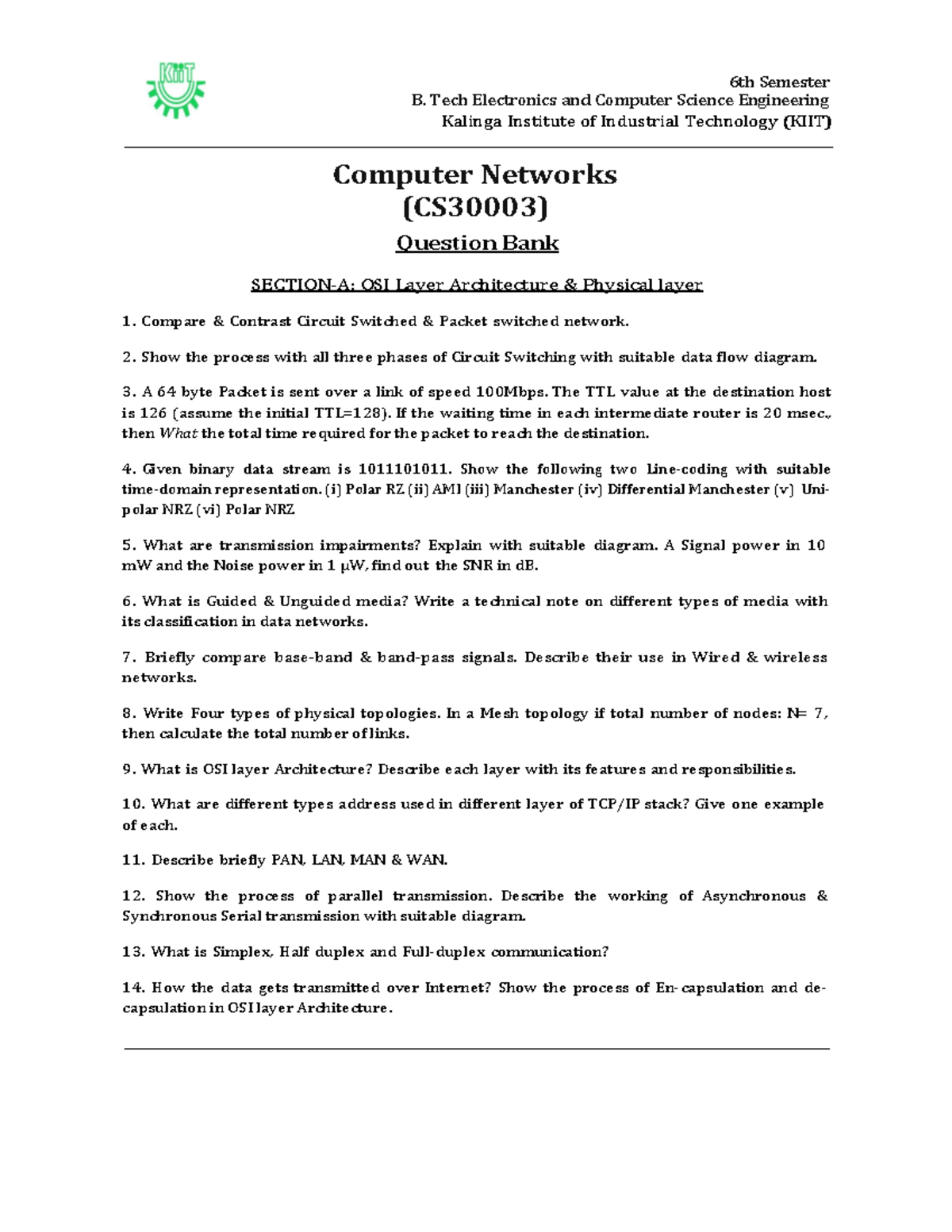 Computer Networks (CS30003) Comprehensive Question Bank for 5th & 6th ...