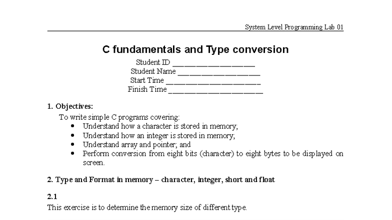System Level Programming Lab 01: C Fundamentals & Type Conversion - Studocu