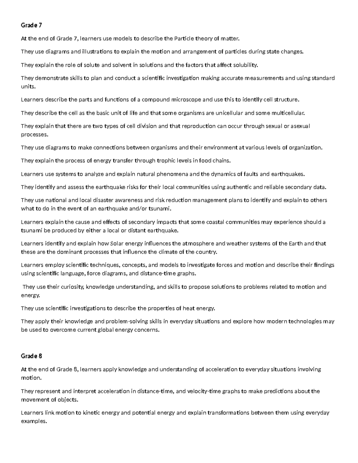 Grade 7-9 Science Standards and Sequence Overview per Quarter - Studocu