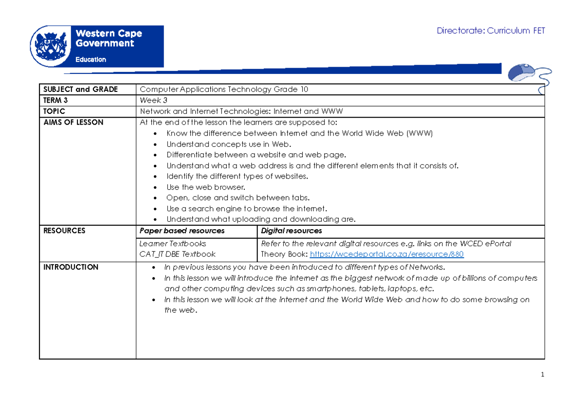 CAT Gr 10 Term 3 Week 3: Network & Internet Technologies Lesson - Studocu