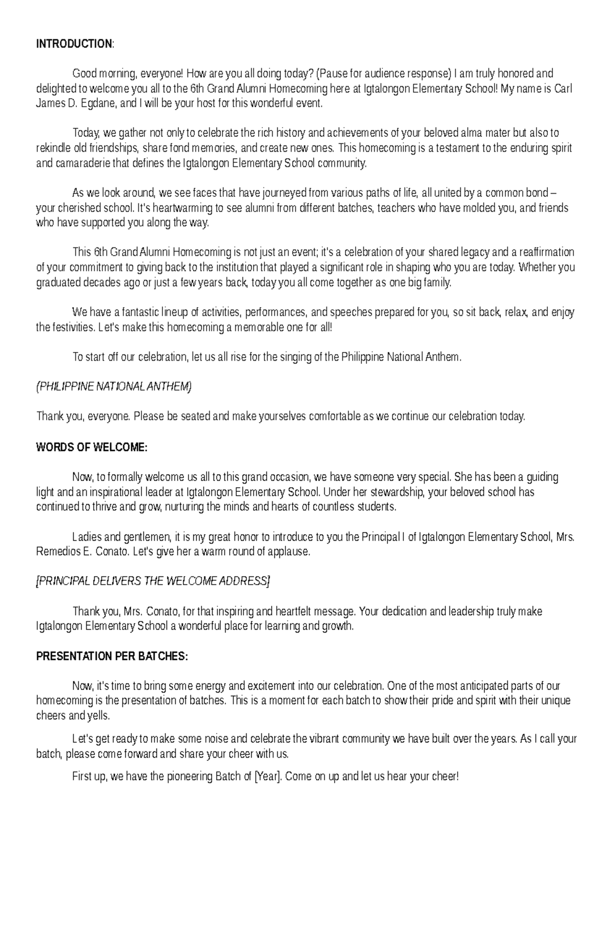 Alumni Script for the 6th Grand Homecoming Celebration at IES - Studocu