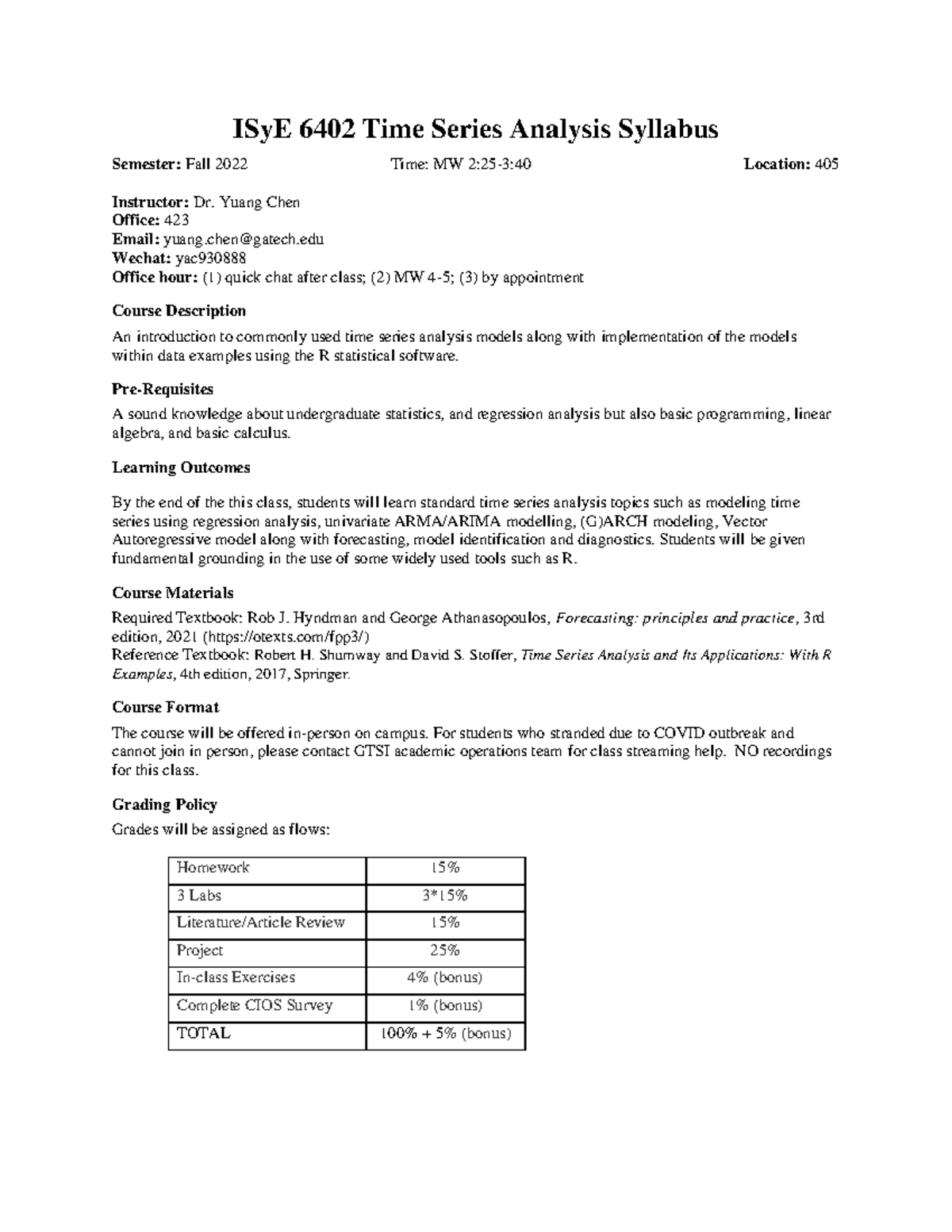 ISyE 6402 Syllabus - Time Series Analysis Fall 2022 - Studocu