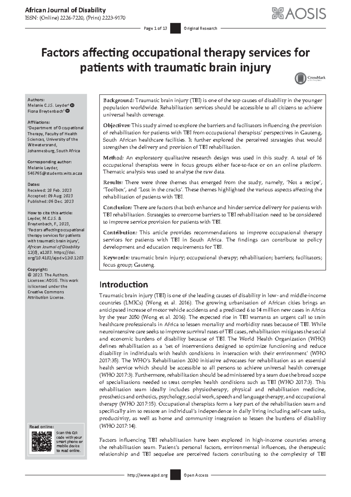 TBI in SA - Helps with the TBI assignments. - African Journal of ...
