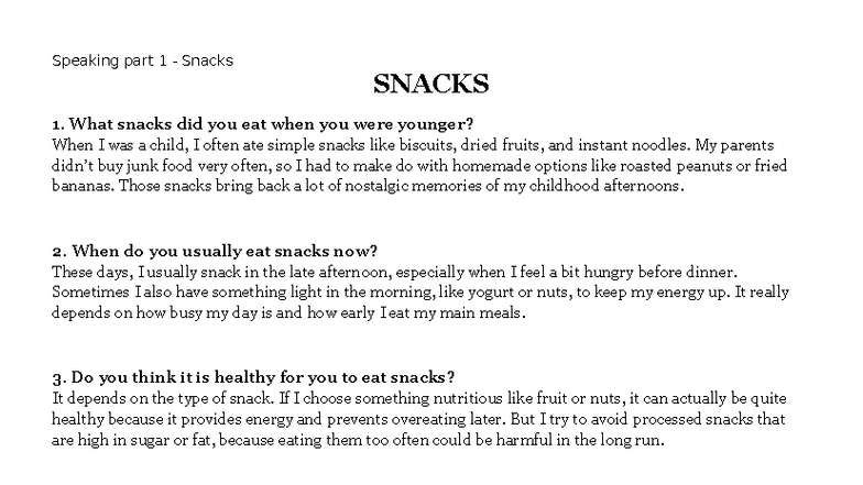 Snacks - IELTS Speaking Part 1 Practice - Studocu