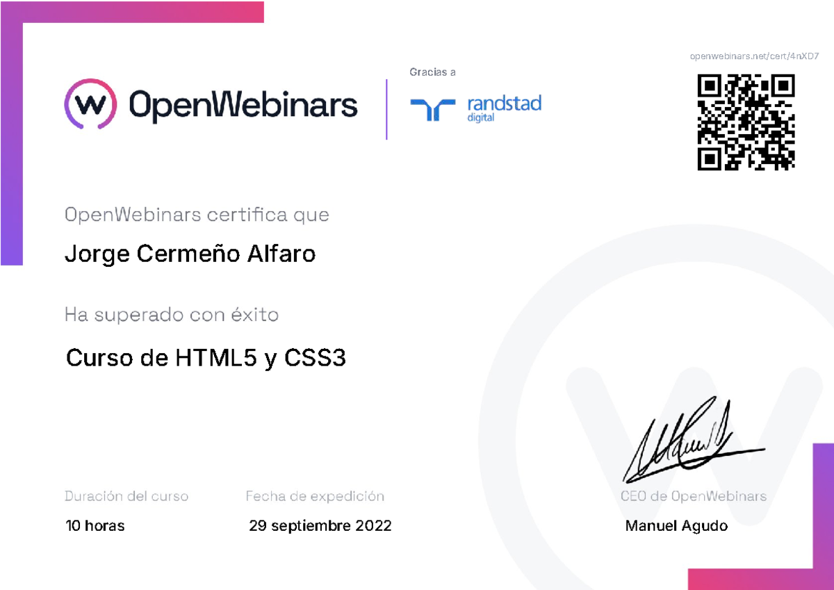Certificado Curso de HTML5 y CSS3 - 10 Horas - Manuel Agudo - Studocu