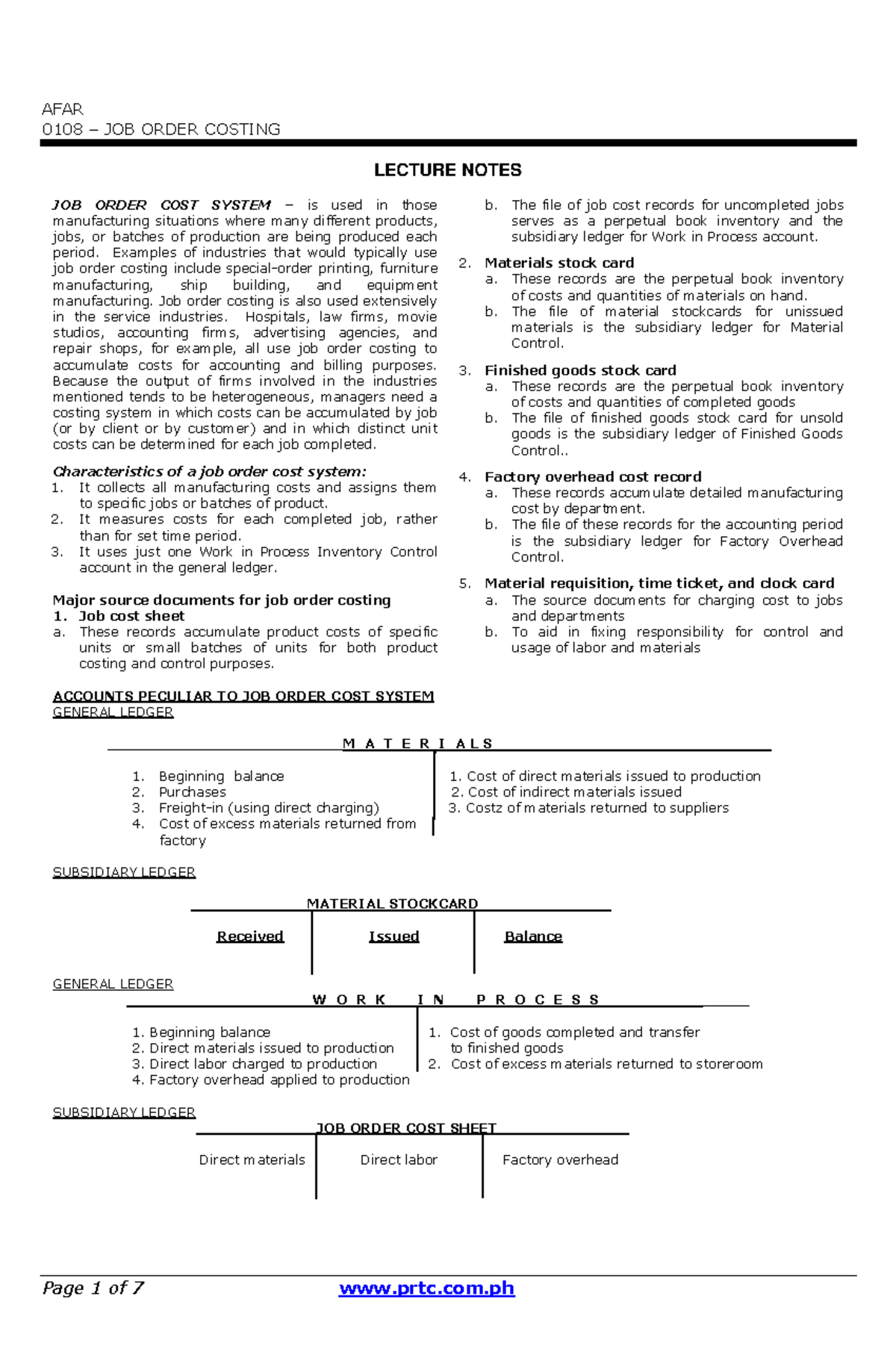 0108 Job Order Costing Comprehensive Lecture Notes For Cost