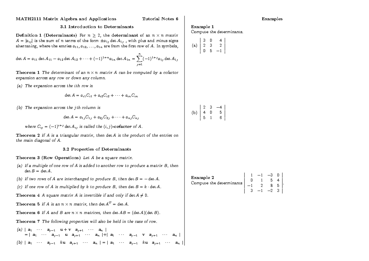 Tutorial 6 - Matrix Algebra: Determinants and Their Properties - Studocu