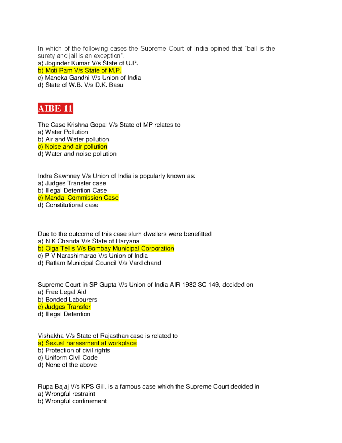 AIBE Case Laws MCQs for Legal Studies Preparation - Studocu