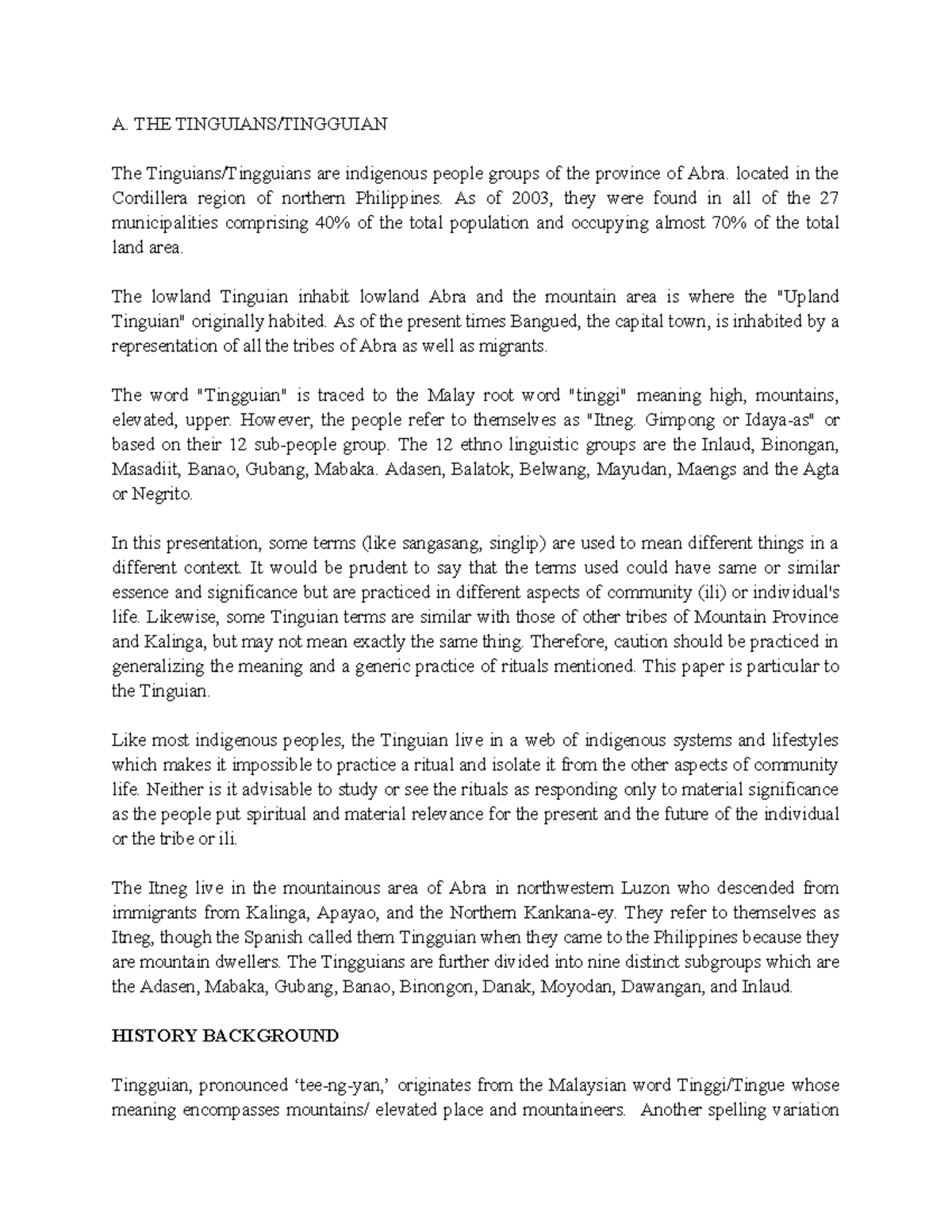 Tingguian Culture & Practices - Indigenous Peoples Study (Course Code ...