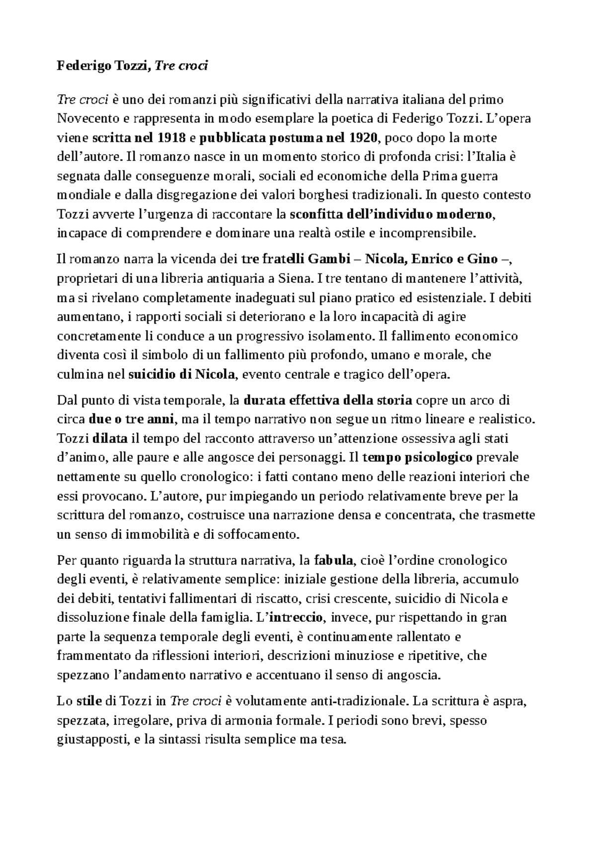 Analisi del Romanzo "Tre Croci" di Federigo Tozzi - Studocu