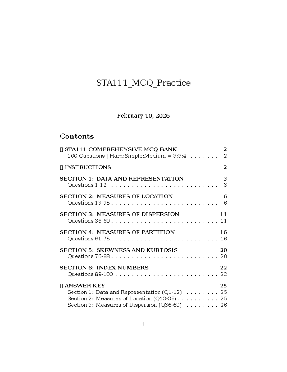 STA111 Comprehensive MCQ Bank: 100 Questions on Data Analysis - Studocu