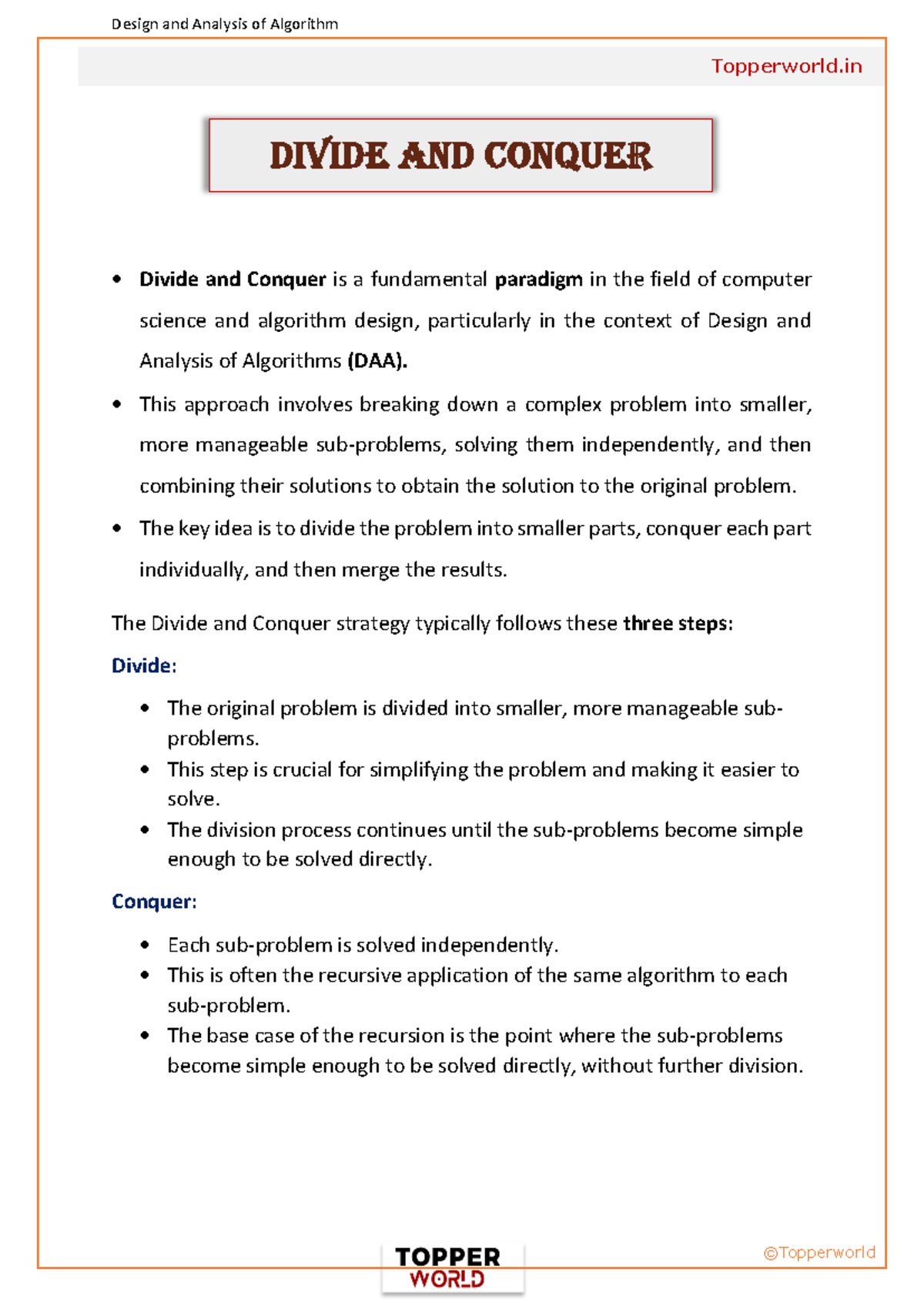 Design and Analysis of Algorithms (DAA): Divide and Conquer Notes - Studocu