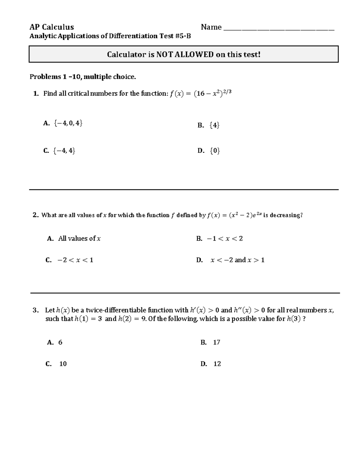AP Calculus AB Unit 5 Test: Analytic Applications of Differentiation ...