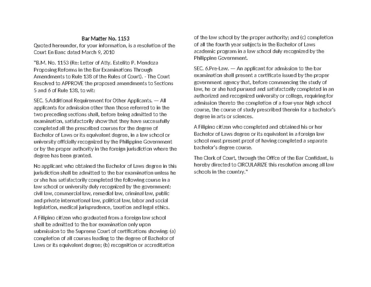 B.M. No. 1153 - Reforms in Bar Examinations & Requirements - Studocu