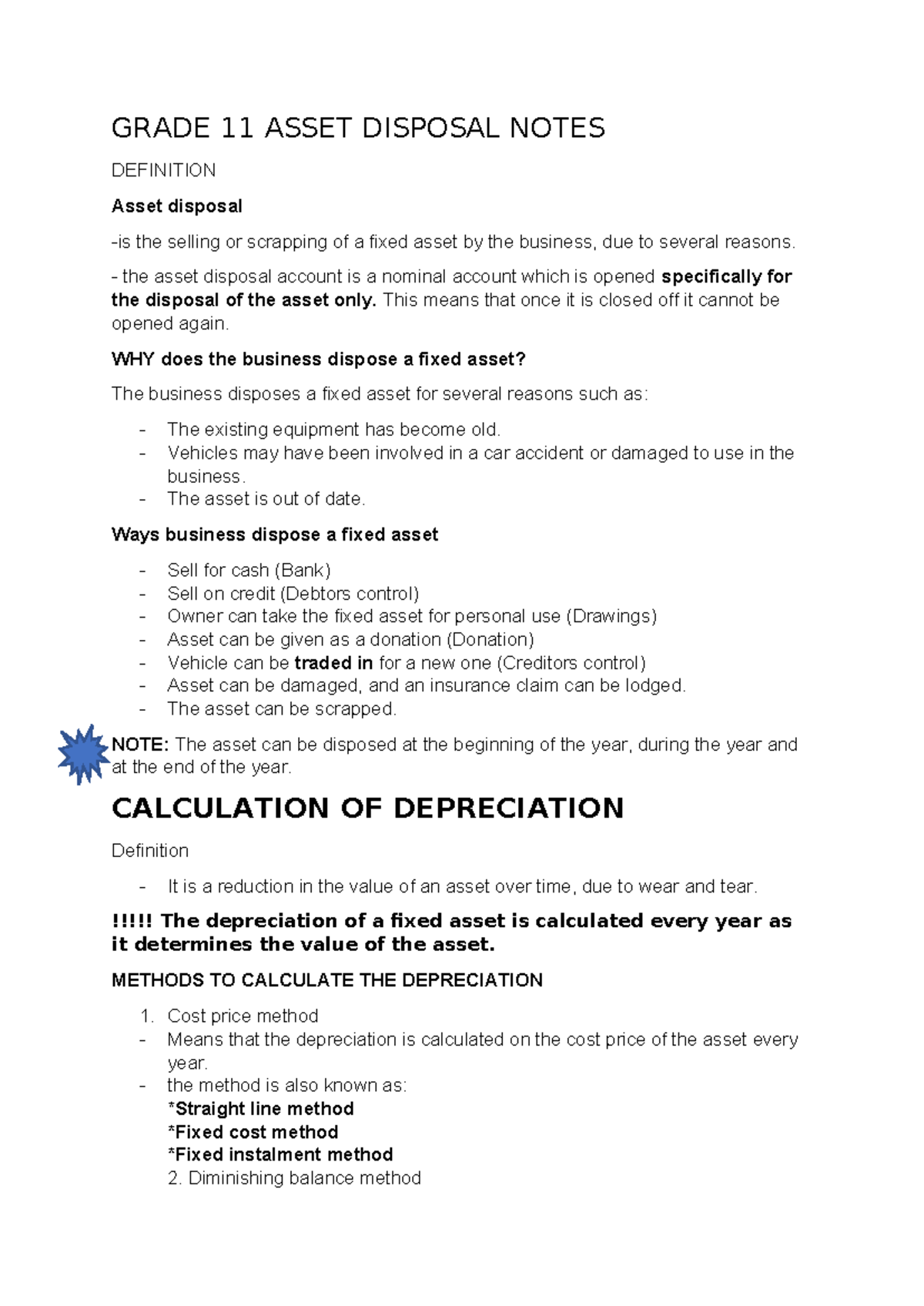 Grade 11 Asset Disposal & Depreciation Calculation Notes - Studocu