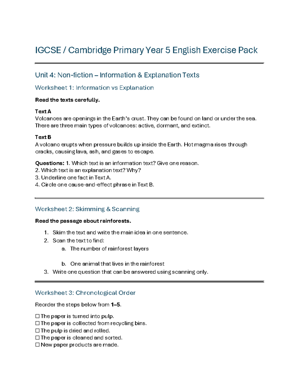 IGCSE Year 5 English Exercise Pack: Information & Fiction Worksheets ...